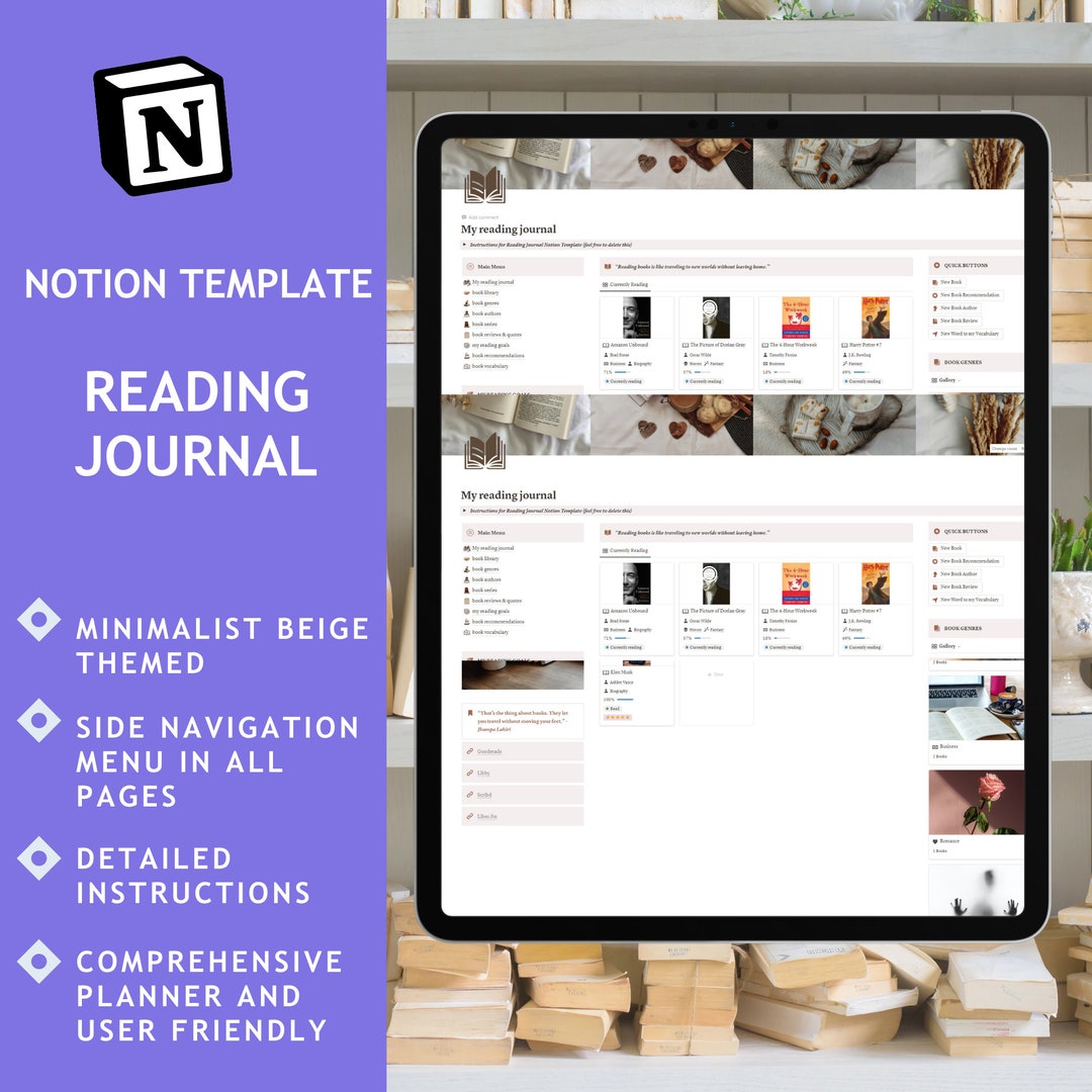 Reading Journal Notion Template Reading Tracker Notion - Etsy