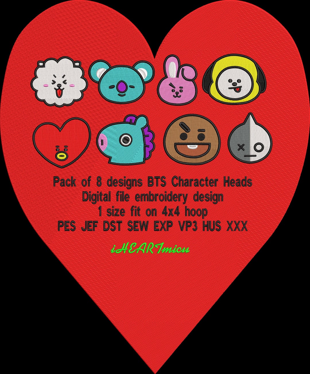 Pack of 8 Designs BTS Character Heads Digital File Embroidery Design 1 ...