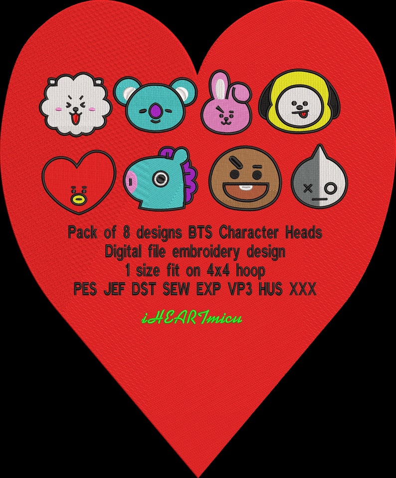 Pack of 8 Designs BTS Character Heads Digital File Embroidery Design 1 ...