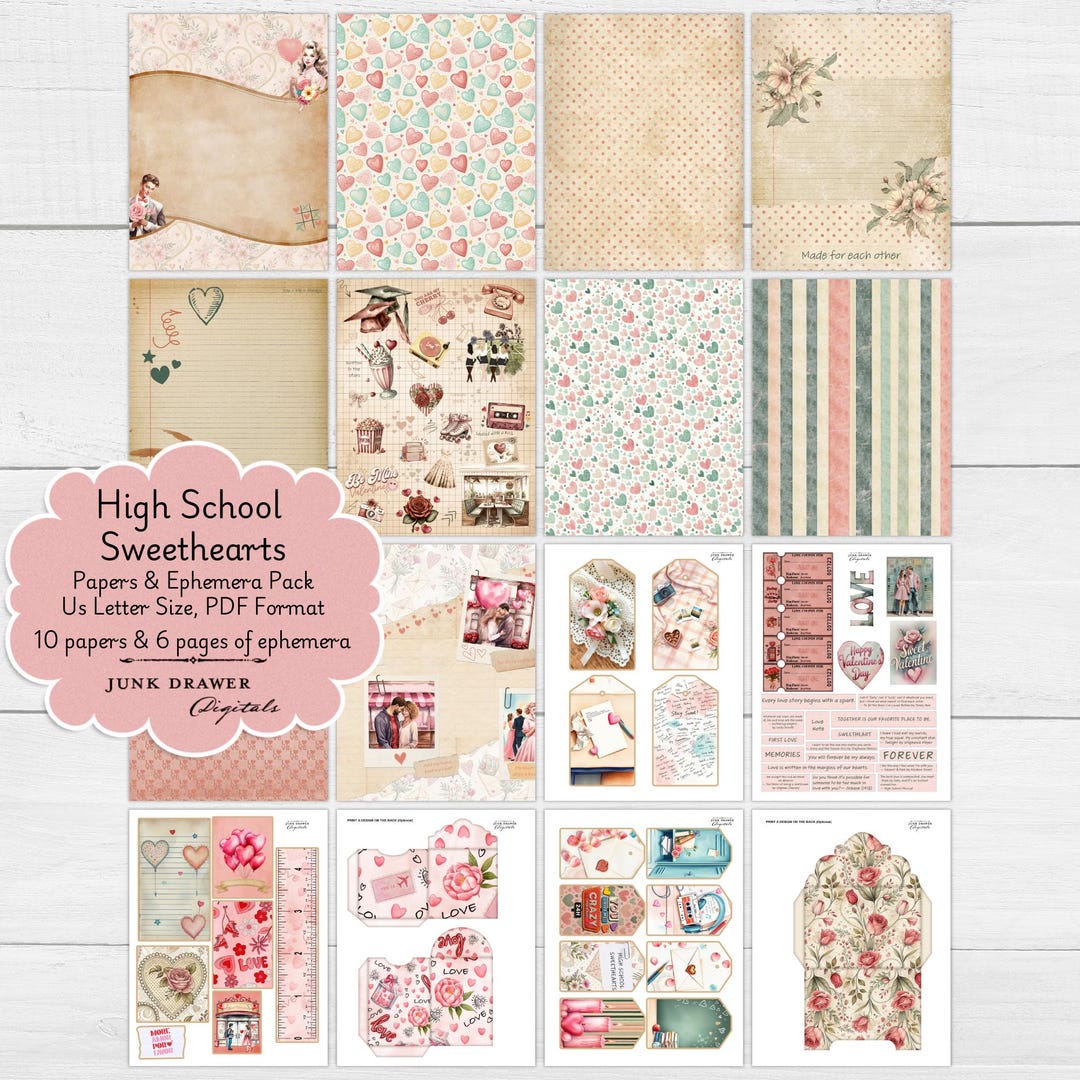 Valentine's Day Digital Papers and Ephemera Pack for Junk Journals and ...