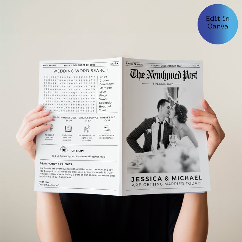 Editable Wedding Newspaper Program, Newspaper Wedding Program Template ...