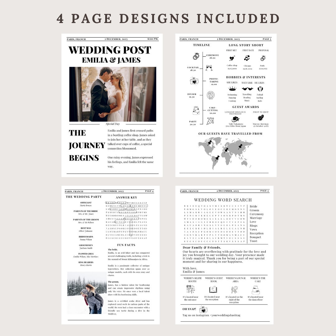 Folded Newspaper Wedding Program, Printable Wedding Timeline, Editable ...