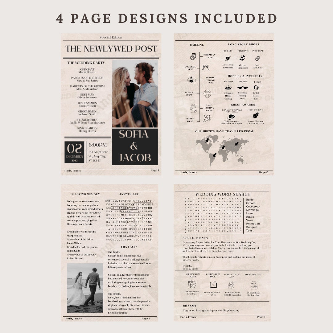 Vintage Newspaper Wedding Program Template: Editable 4-page Design ...