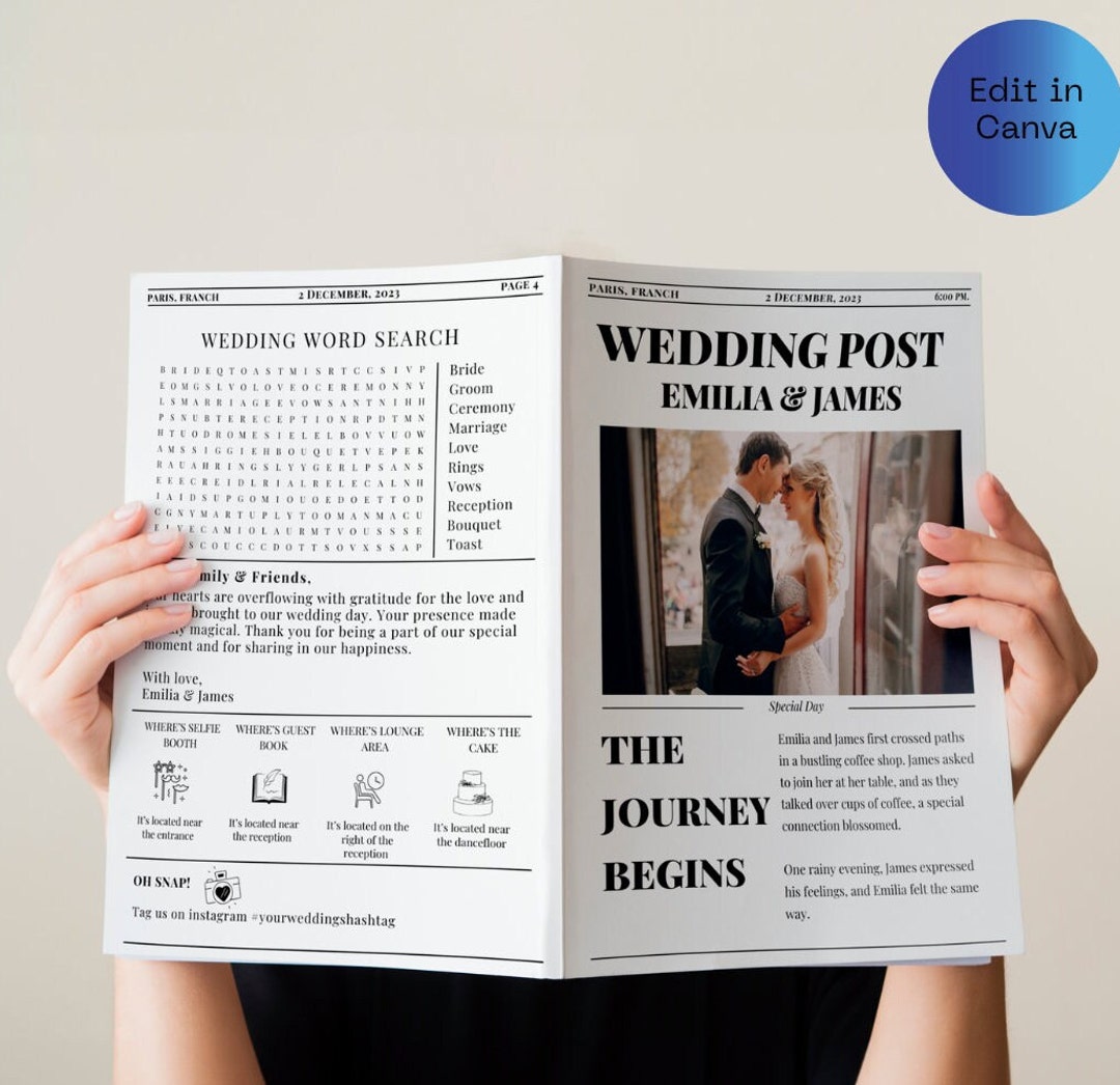 Folded Newspaper Wedding Program, Printable Wedding Timeline, Editable ...