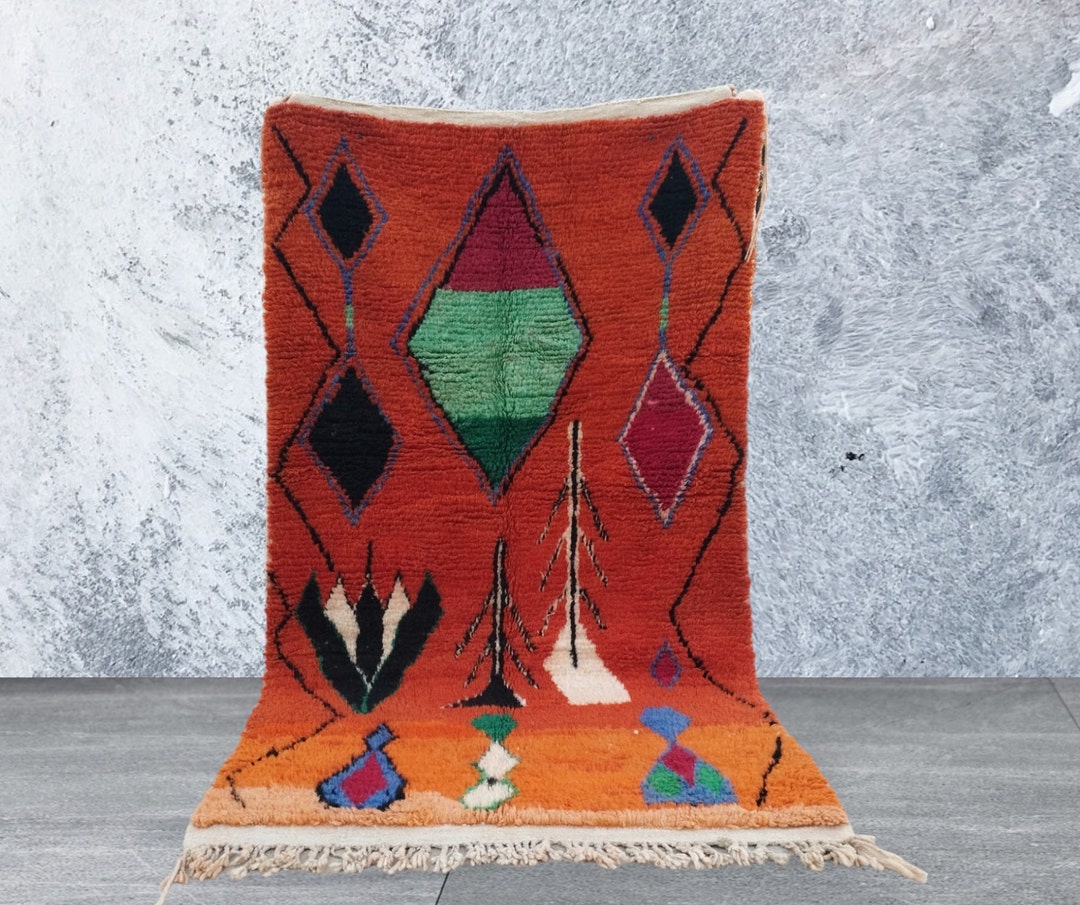 AMAZING BENIOURAIN RUG, Moroccan Berber Checkered Black and Orange ...