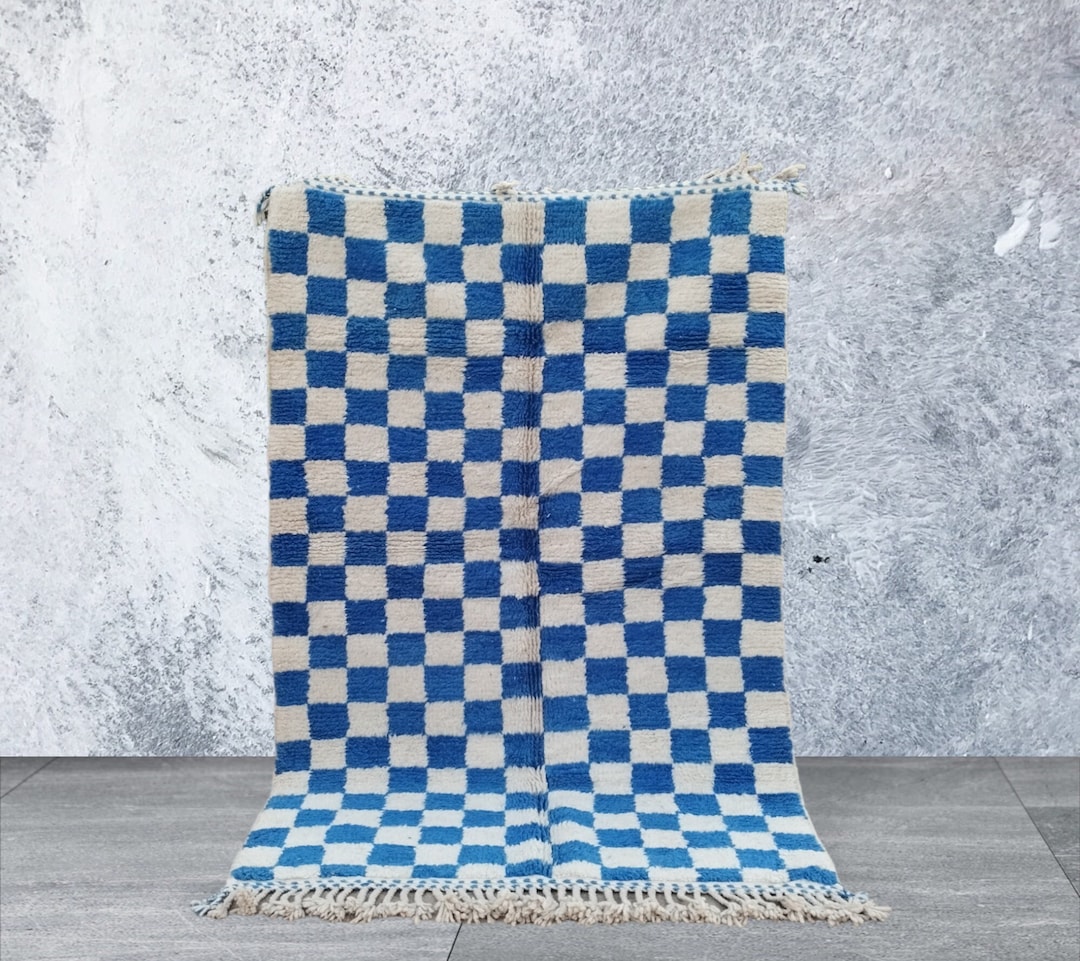 Royal Blue and White Rug, Checkerboard Jute Area Grid Rug Home Décor ...