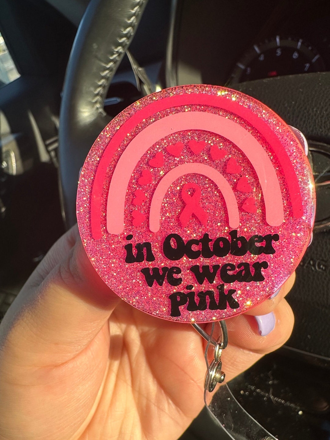 October Breast Cancer Awareness Pink Ribbon Glitter Badge Reel - Etsy