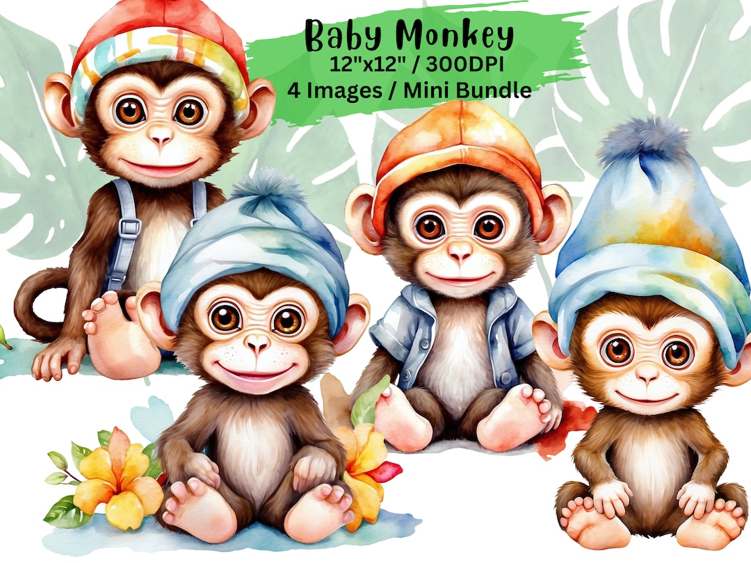 Baby Monkey Watercolor Clipart, Mini Watercolor Clipart Set, Safari PNG ...