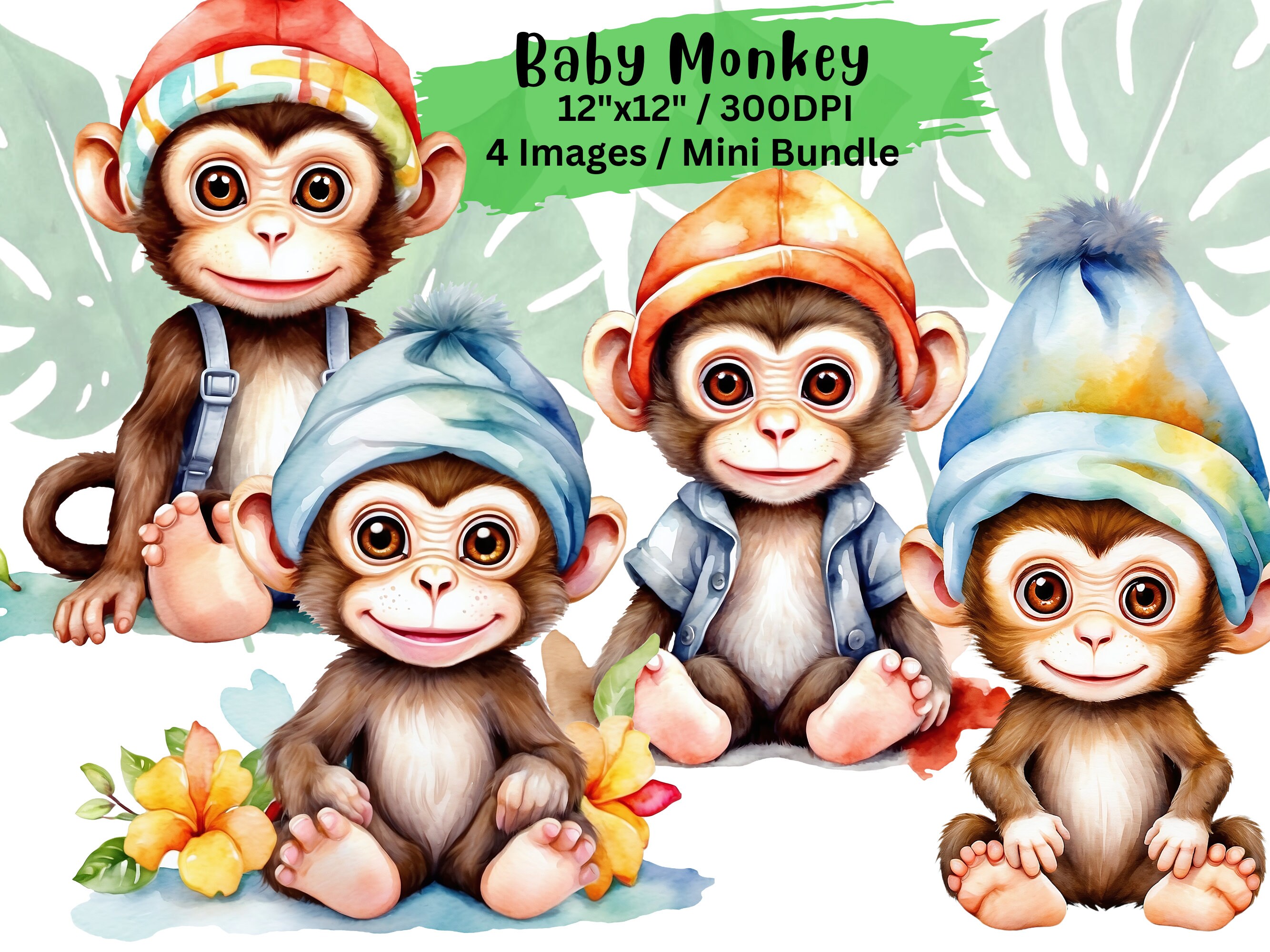 Baby Monkey Watercolor Clipart, Mini Watercolor Clipart Set, Safari PNG ...