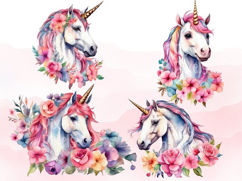Unicorn Watercolor Clipart, PNG, High Resolution, Digital Download ...