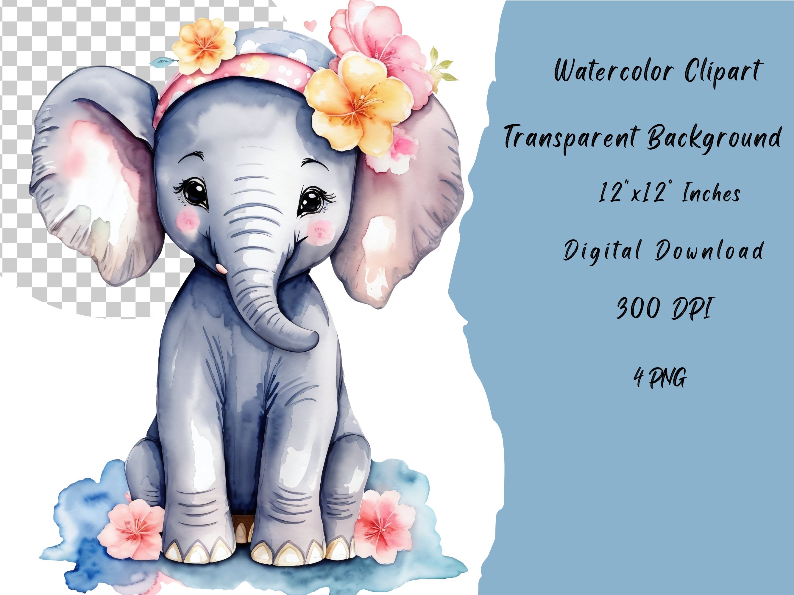 Baby Elephant Watercolor Clipart, Mini Watercolor Clipart Set, Safari ...