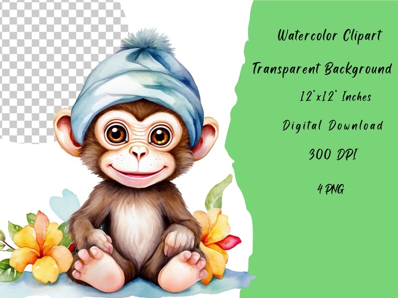 Baby Monkey Watercolor Clipart, Mini Watercolor Clipart Set, Safari PNG ...
