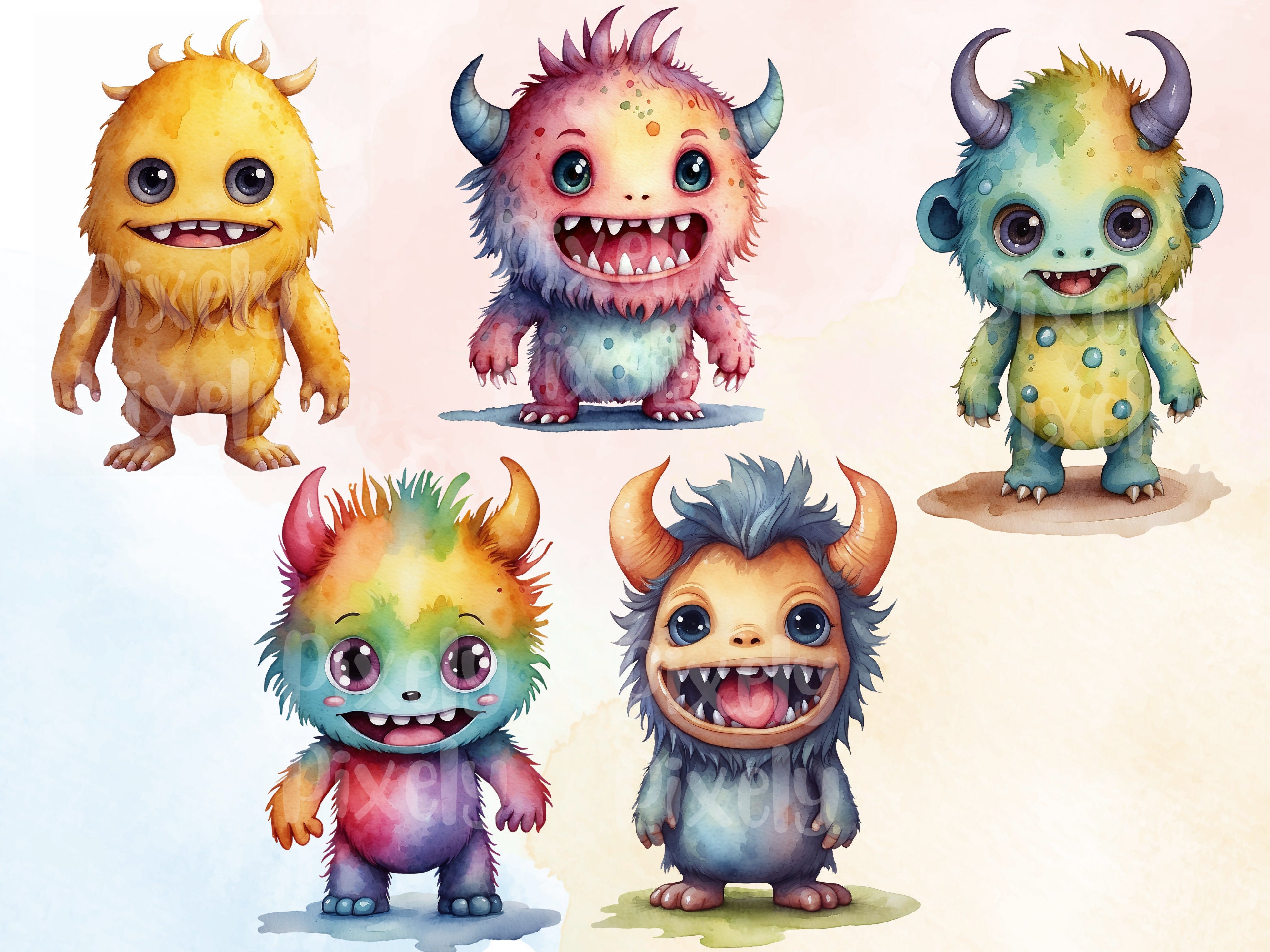 Little Monster Watercolor Clipart, PNG, High Resolution, Digital ...
