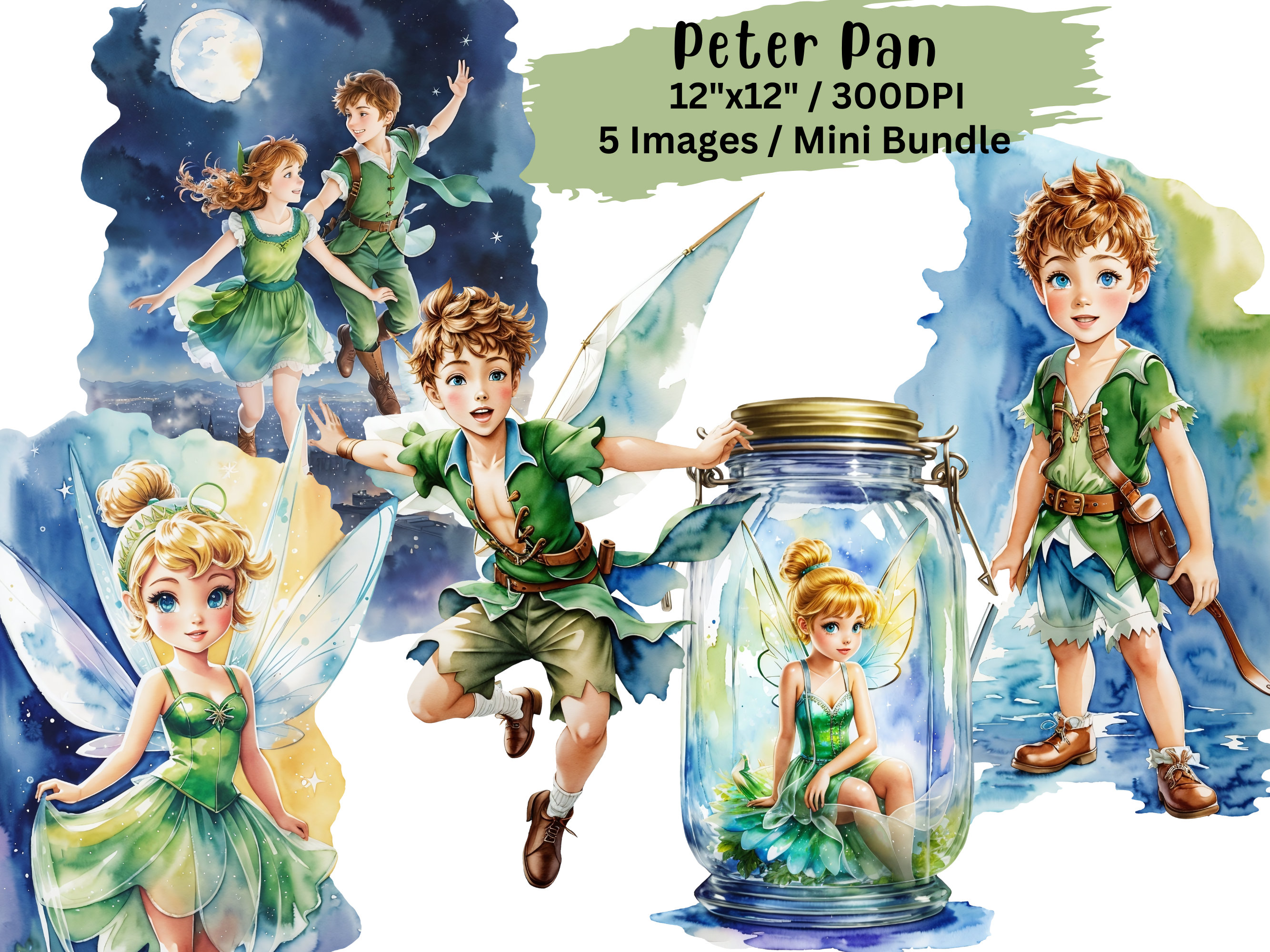 Peter Pan Watercolor Clipart, PNG, High Resolution, Digital Download ...