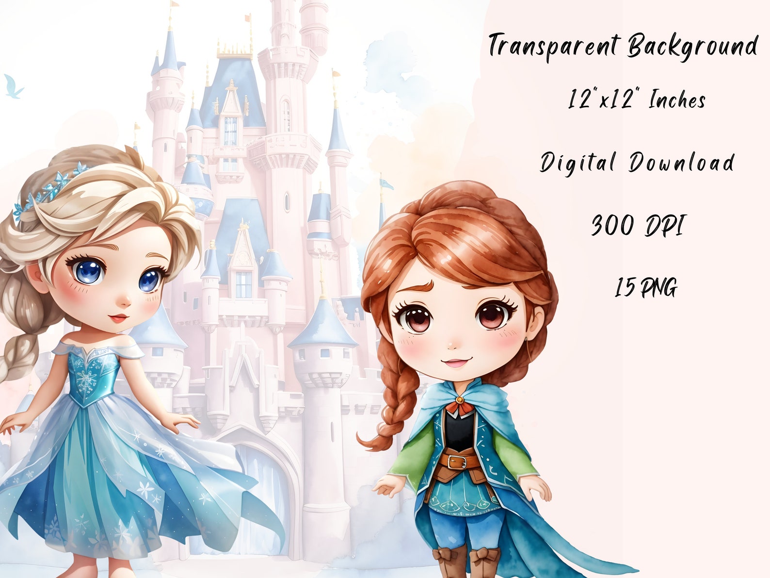 Cute Princess Watercolor Clipart, Full Set, Cartoon, Illustration, PNG ...