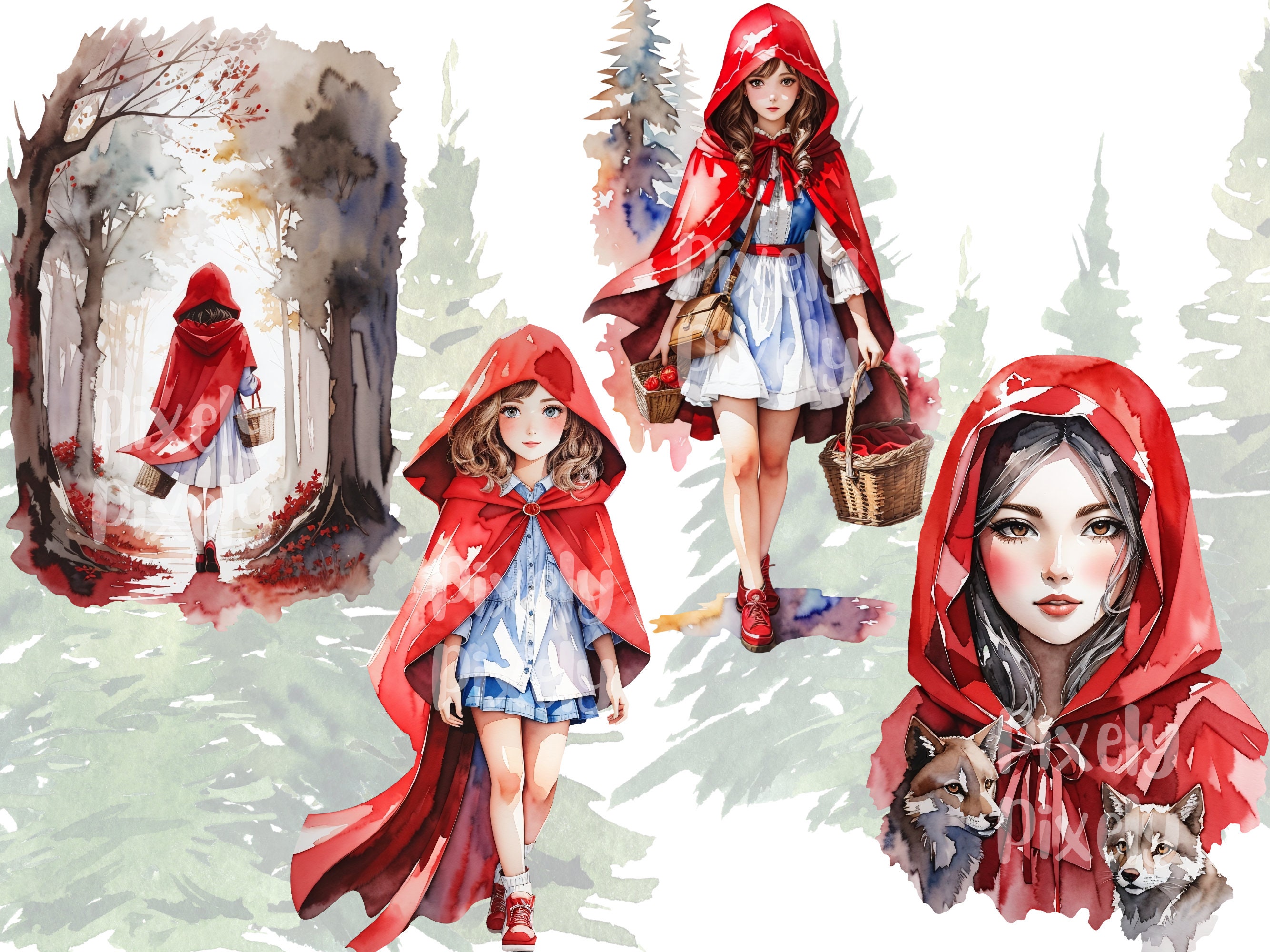 Little Red Riding Hood Watercolor Clipart, PNG, High Resolution ...
