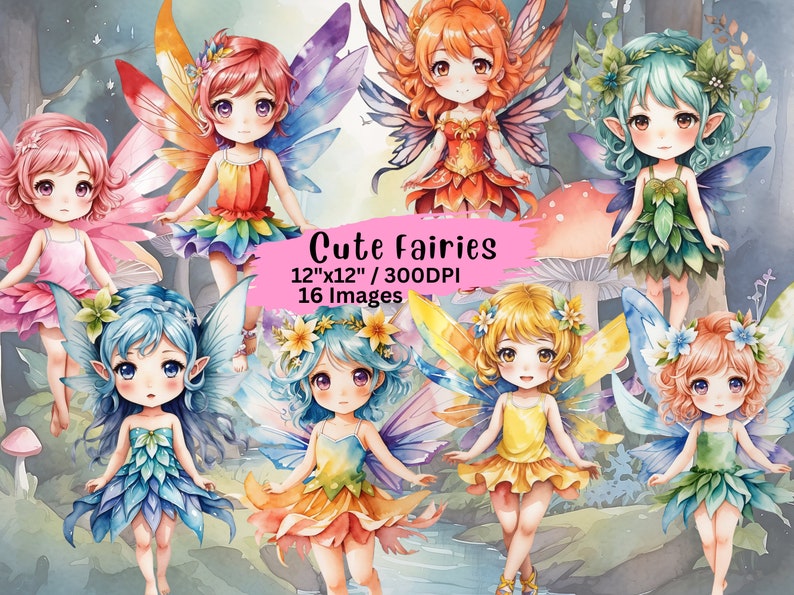 Cute Fairy Watercolor Clipart, Full Set, Cartoon, Fantasy Clipart, PNG ...