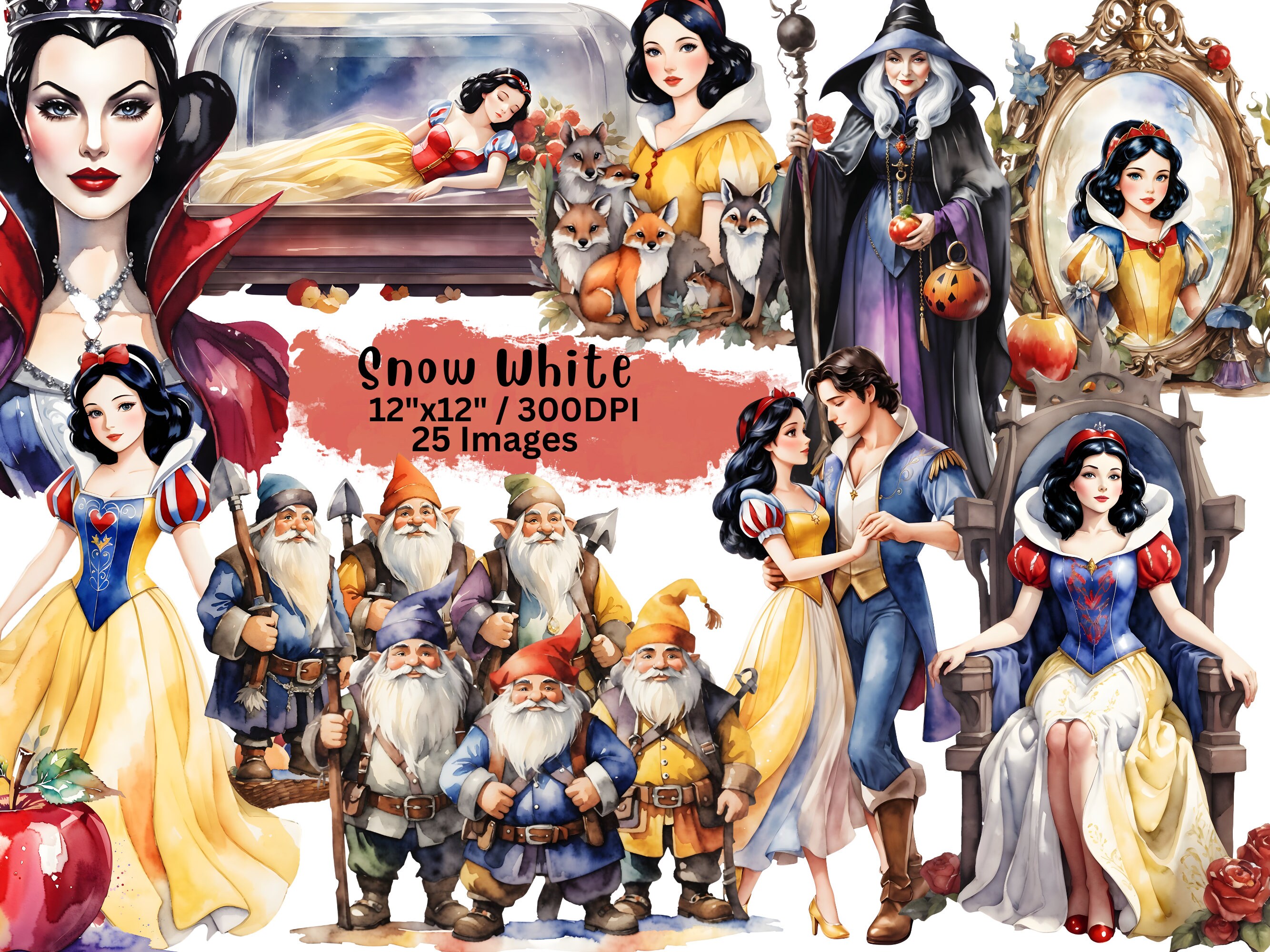 Snow White, Full Set Watercolor Clipart, Fantasy PNG, Storybook ...