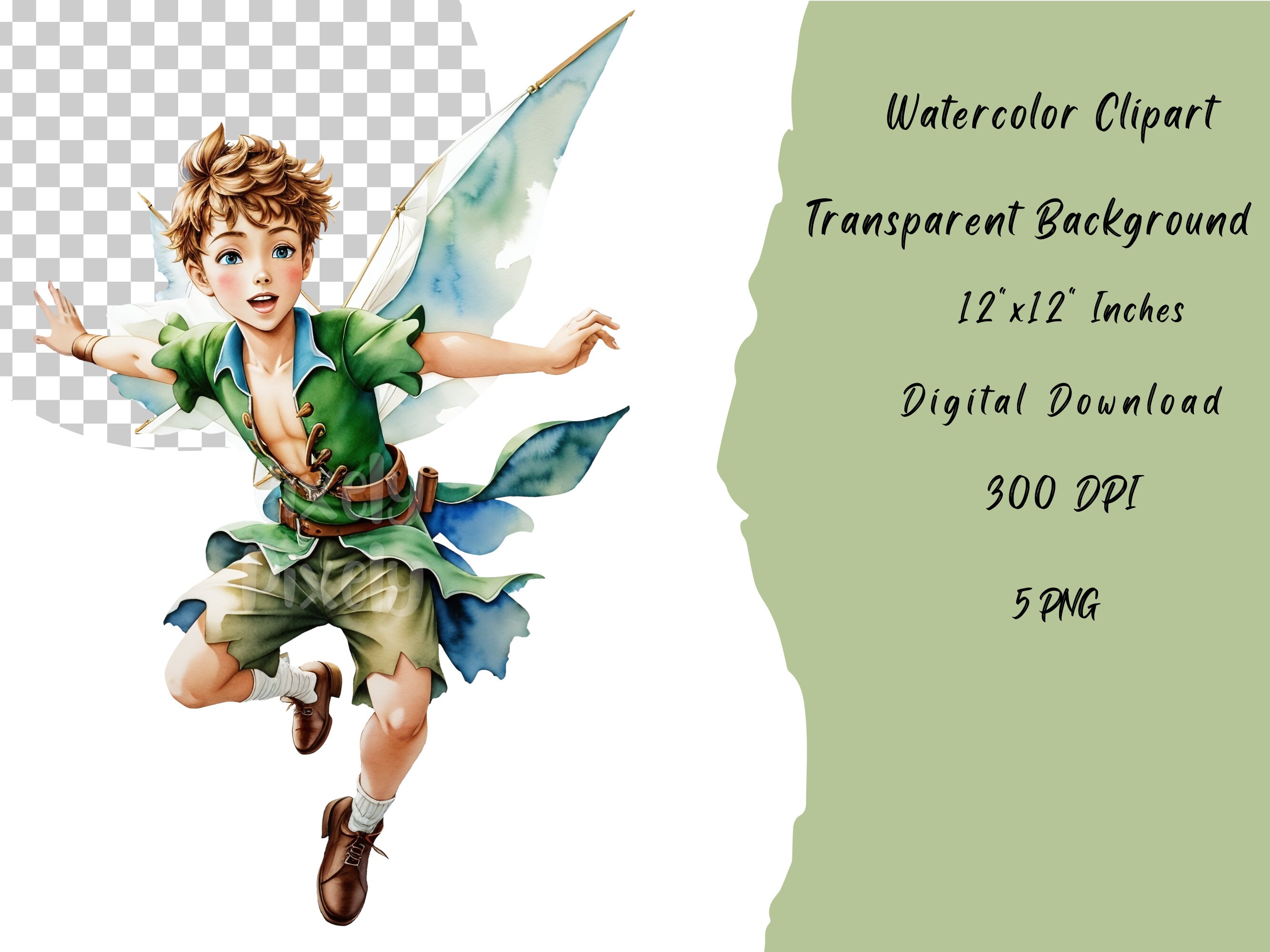 Peter Pan Watercolor Clipart, PNG, High Resolution, Digital Download ...