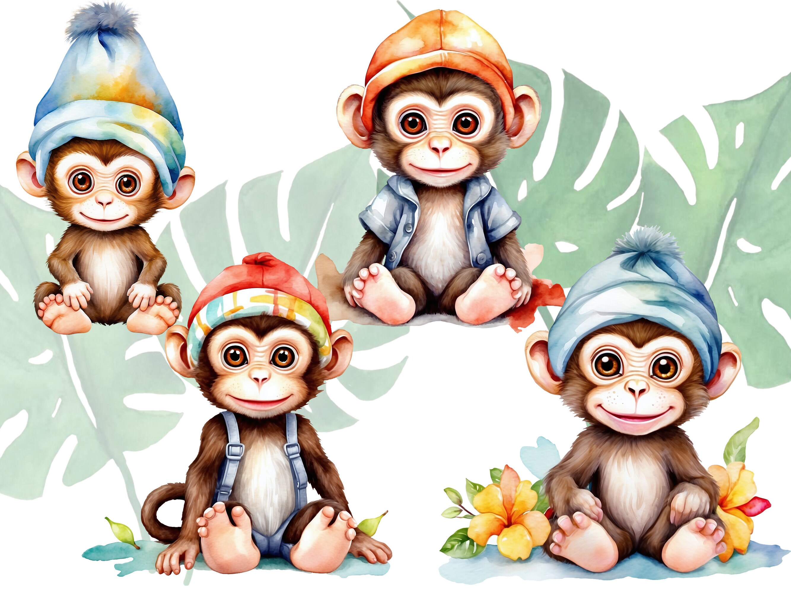 Baby Monkey Watercolor Clipart, Mini Watercolor Clipart Set, Safari PNG ...