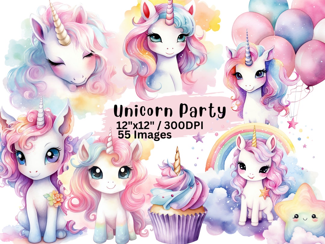 55 Cute Unicorn Watercolor Clipart, Rainbow Clipart, Cartoon, PNG ...