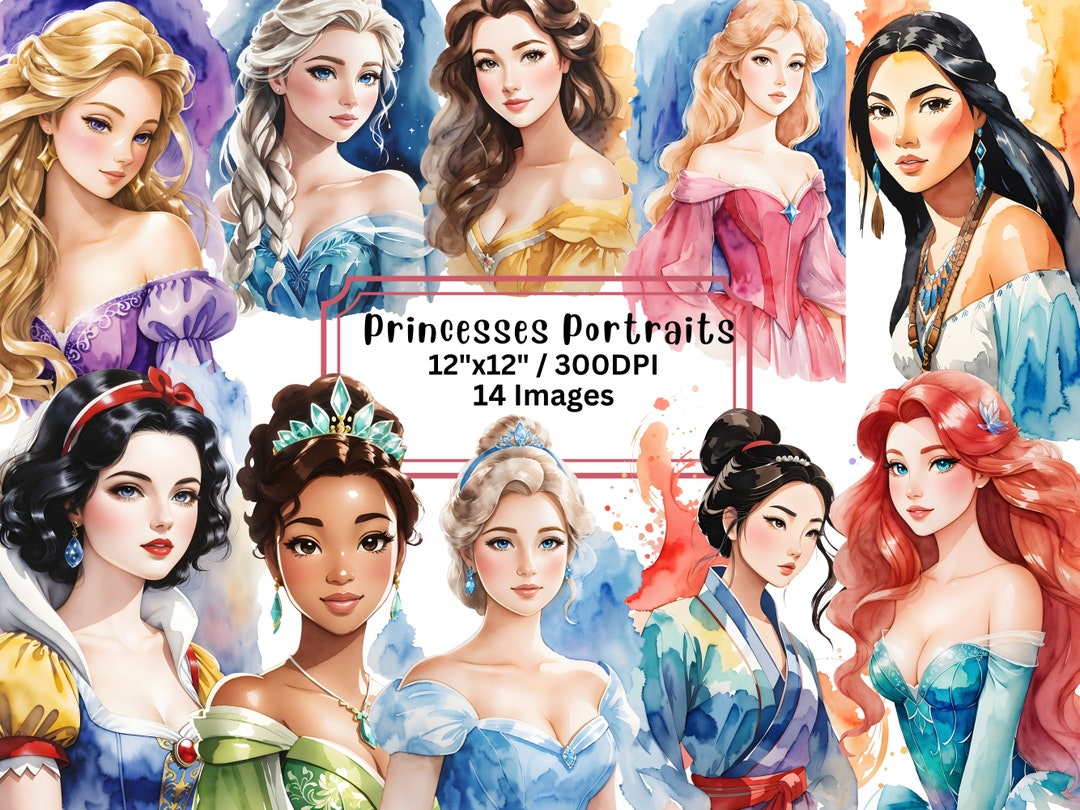 Princess Watercolor Clipart, Portraits, Full Set, Cute Cartoon, PNG ...
