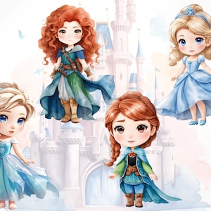 Cute Princess Watercolor Clipart, Full Set, Cartoon, Illustration, PNG ...