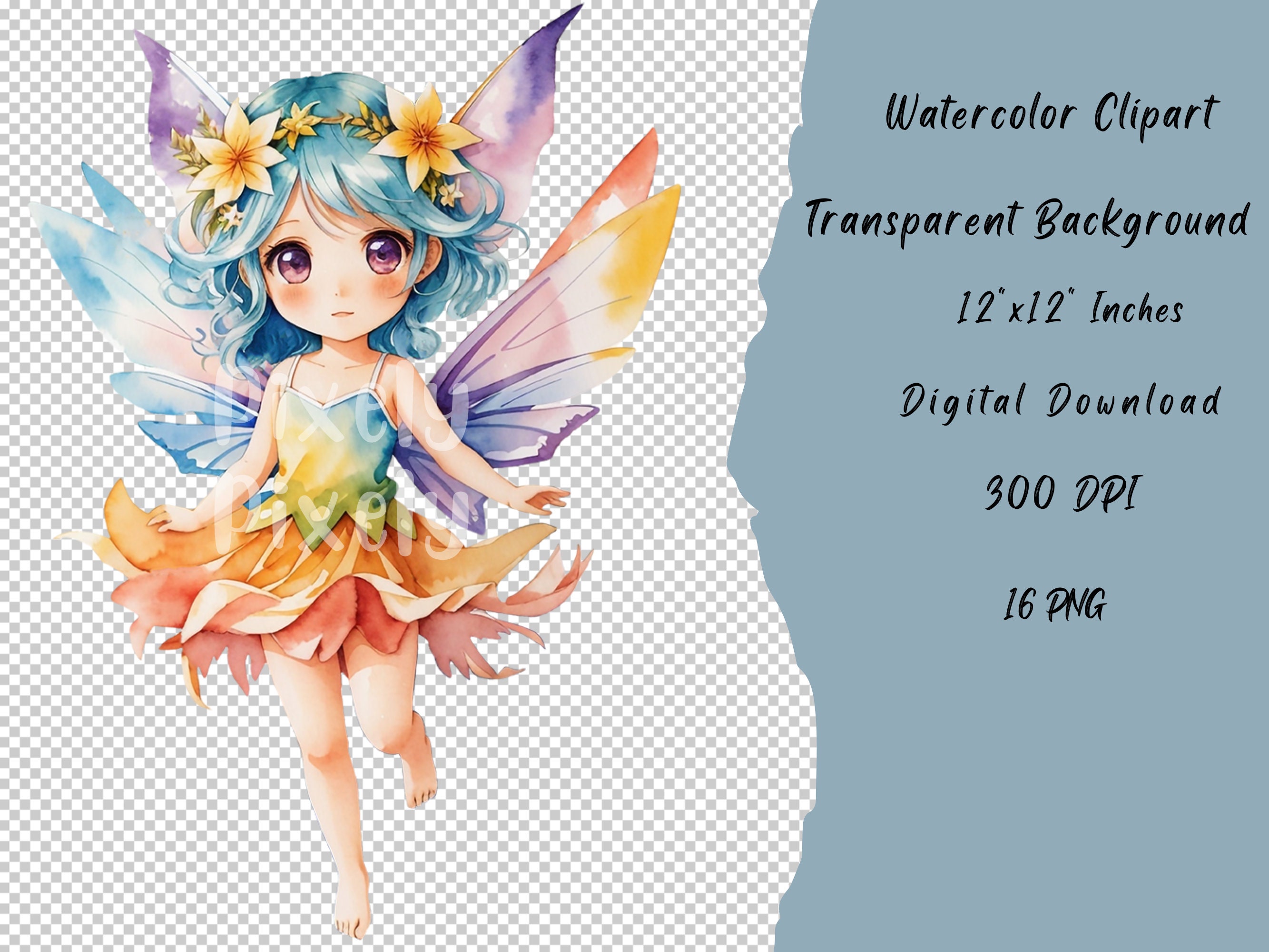 Cute Fairy Watercolor Clipart, Full Set, Cartoon, Fantasy Clipart, PNG ...