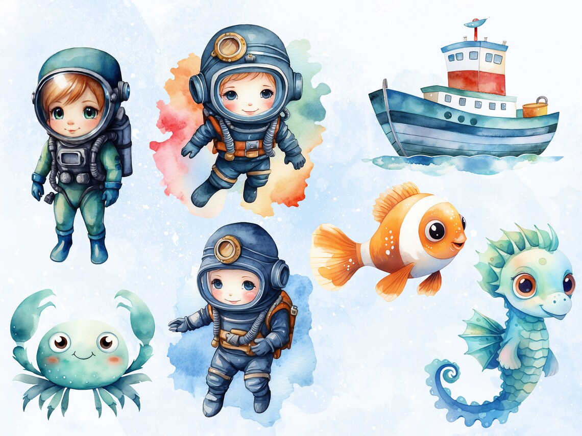 50 Undersea Watercolor Clipart, Cute Cartoon, Ocean Animals PNG, High ...