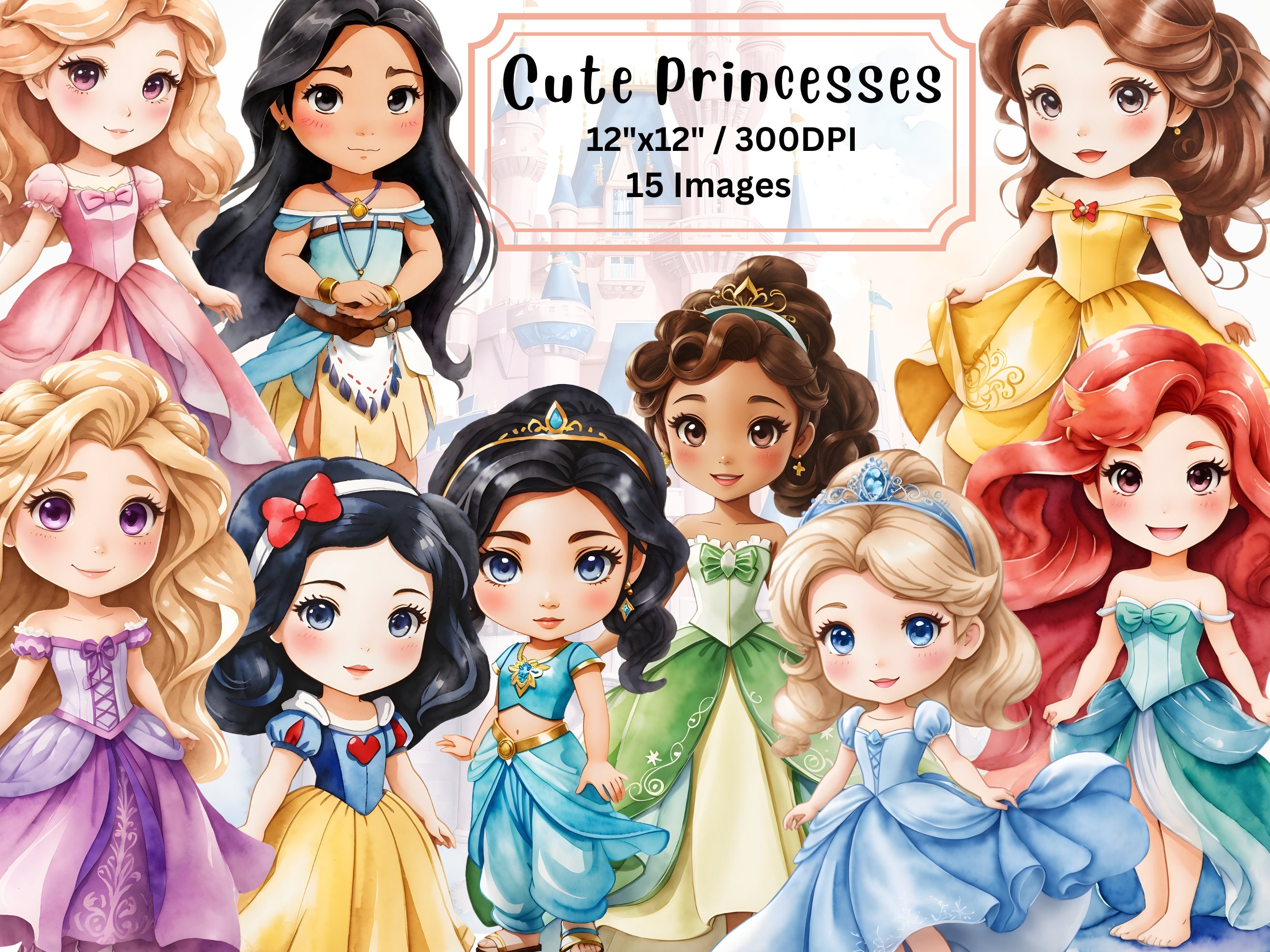 Cute Princess Watercolor Clipart, Full Set, Cartoon, Illustration, PNG ...