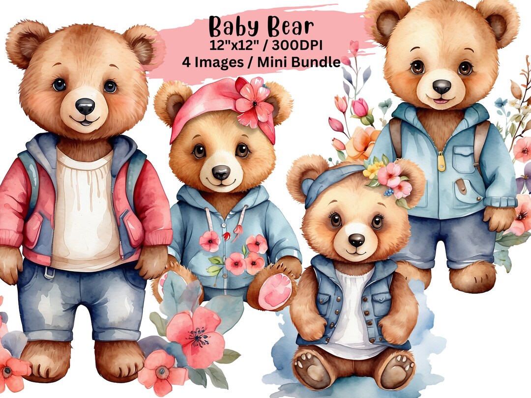 Baby Bear Watercolor Clipart, Mini Watercolor Clipart Set, PNG, High ...