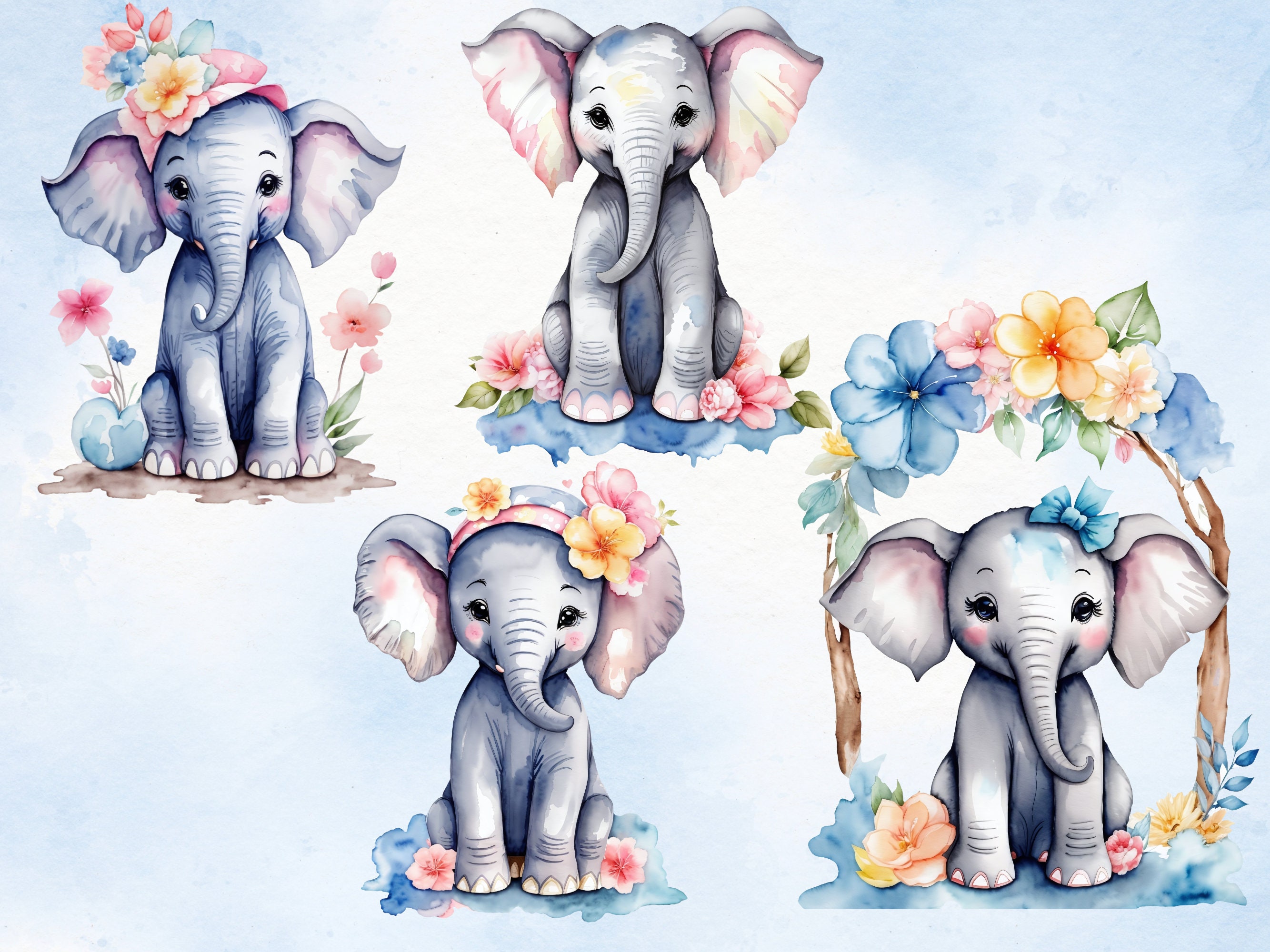 Baby Elephant Watercolor Clipart, Mini Watercolor Clipart Set, Safari ...
