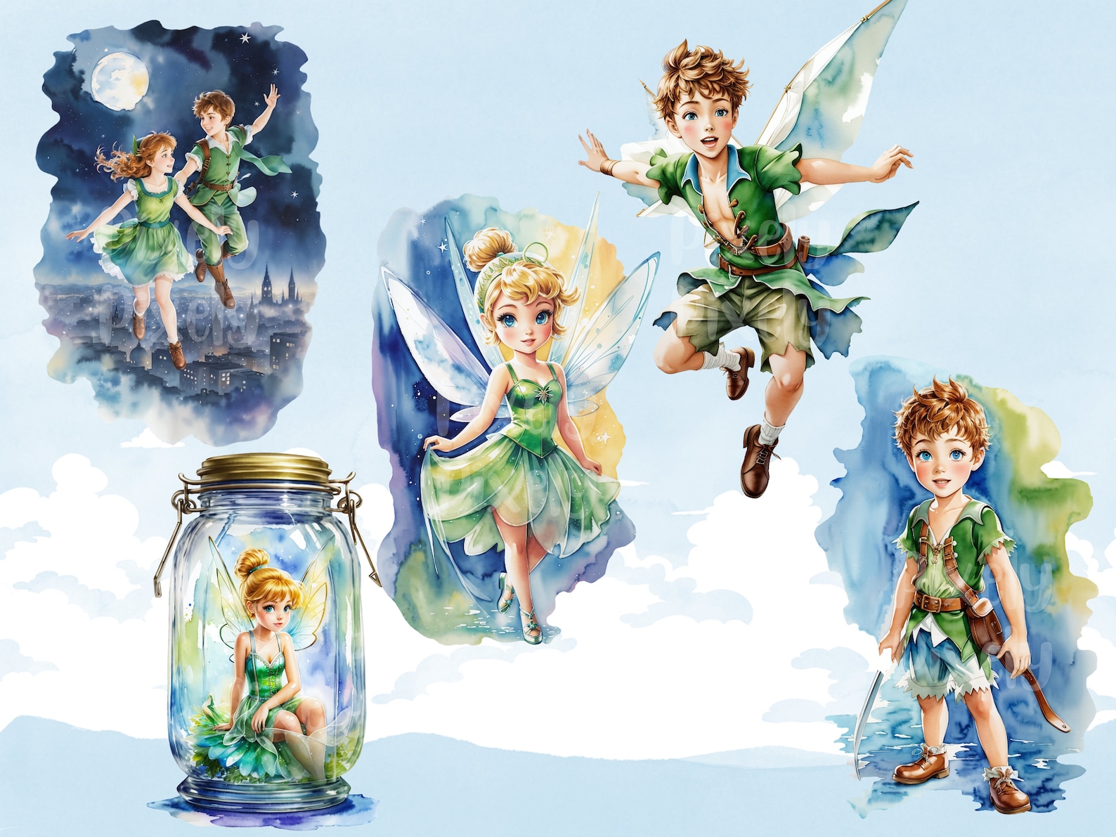 Peter Pan Watercolor Clipart, PNG, High Resolution, Digital Download ...