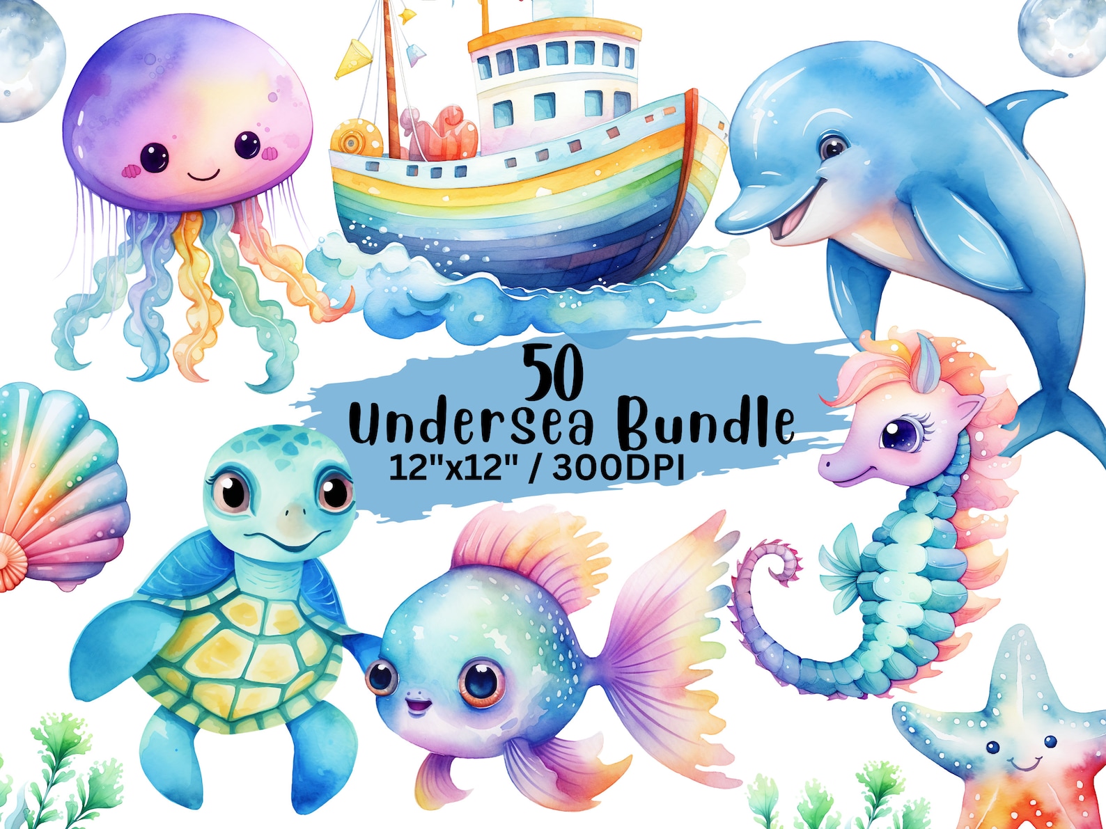 50 Undersea Watercolor Clipart, Cute Cartoon, Ocean Animals PNG, High ...