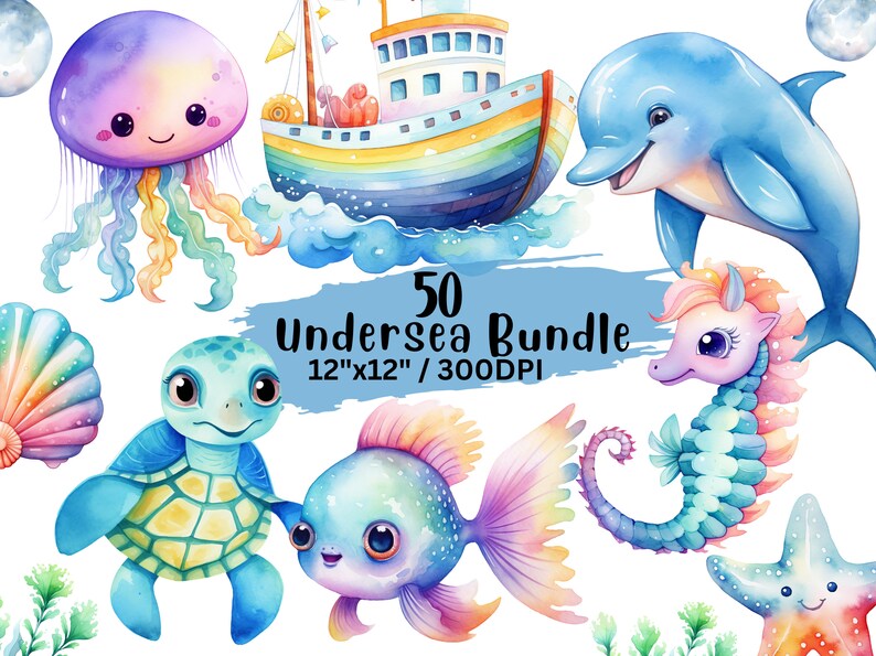 50 Undersea Watercolor Clipart, Cute Cartoon, Ocean Animals PNG, High ...