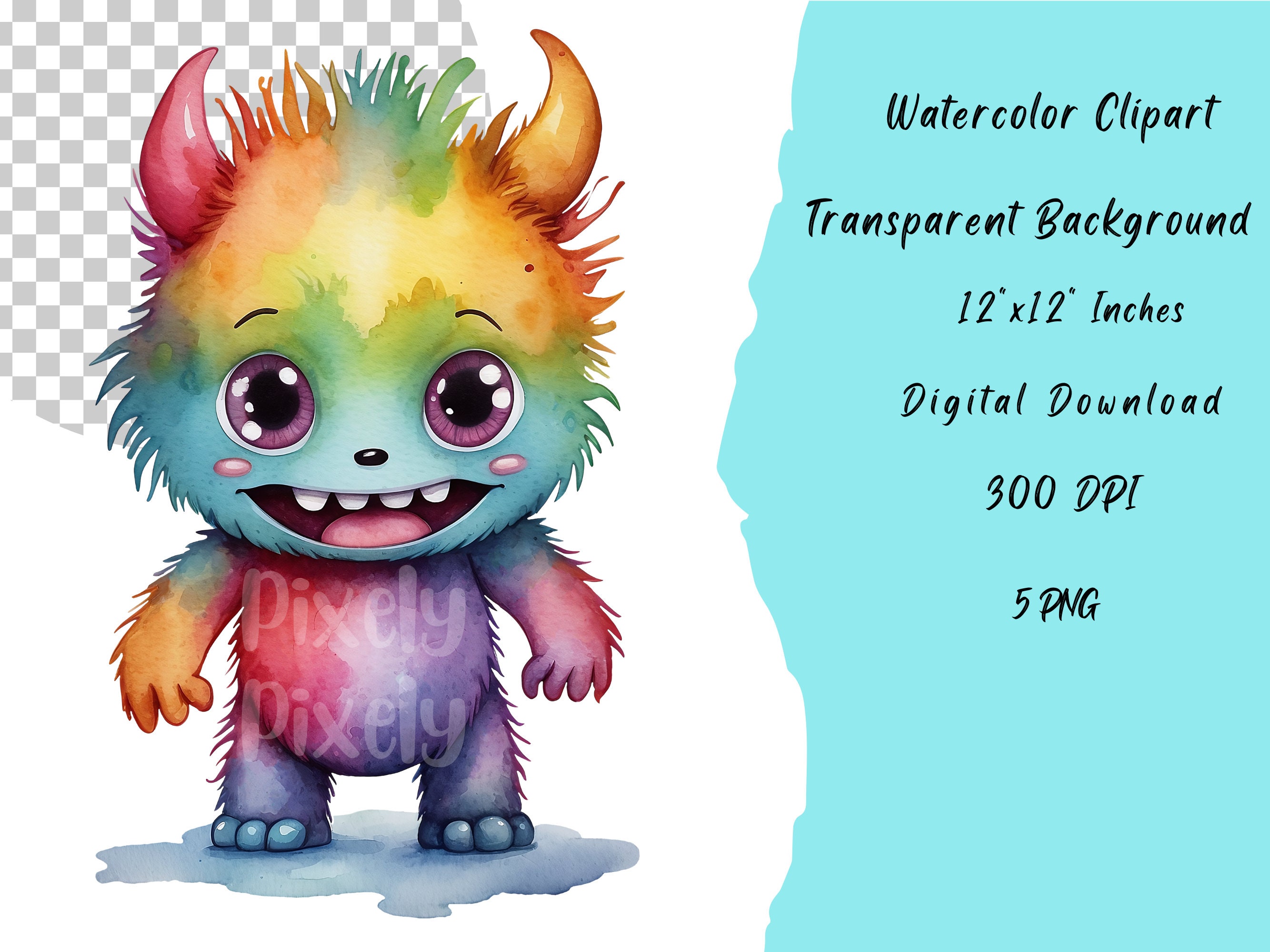 Little Monster Watercolor Clipart, PNG, High Resolution, Digital ...