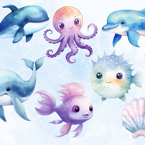 50 Undersea Watercolor Clipart, Cute Cartoon, Ocean Animals PNG, High ...