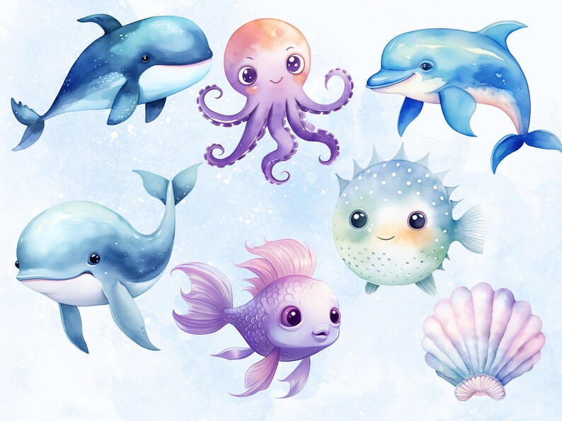 50 Undersea Watercolor Clipart, Cute Cartoon, Ocean Animals PNG, High ...