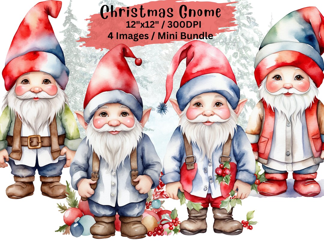 Christmas Gnome Watercolor Clipart, Full Watercolor Clipart Set, Hand ...