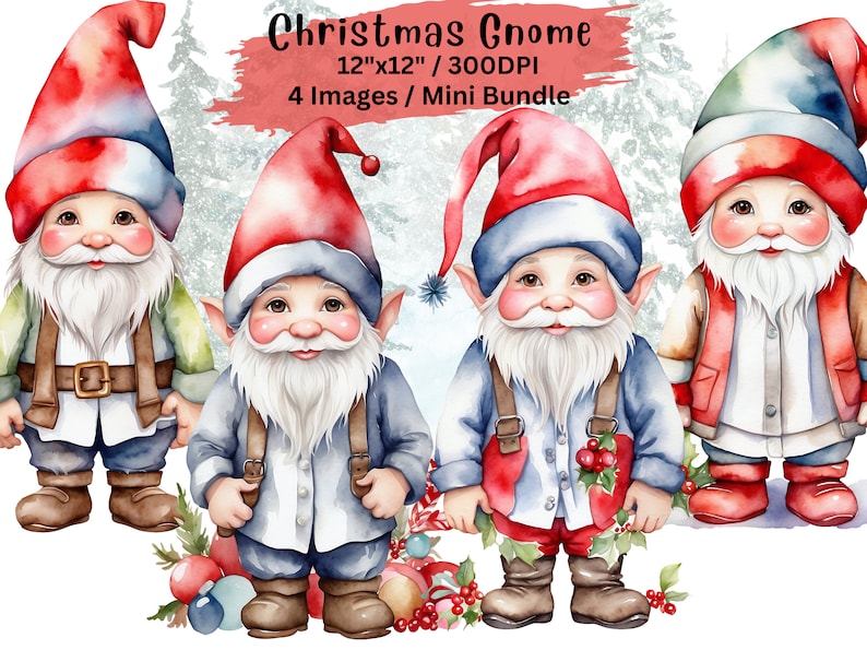 Christmas Gnome Watercolor Clipart, Full Watercolor Clipart Set, Hand ...
