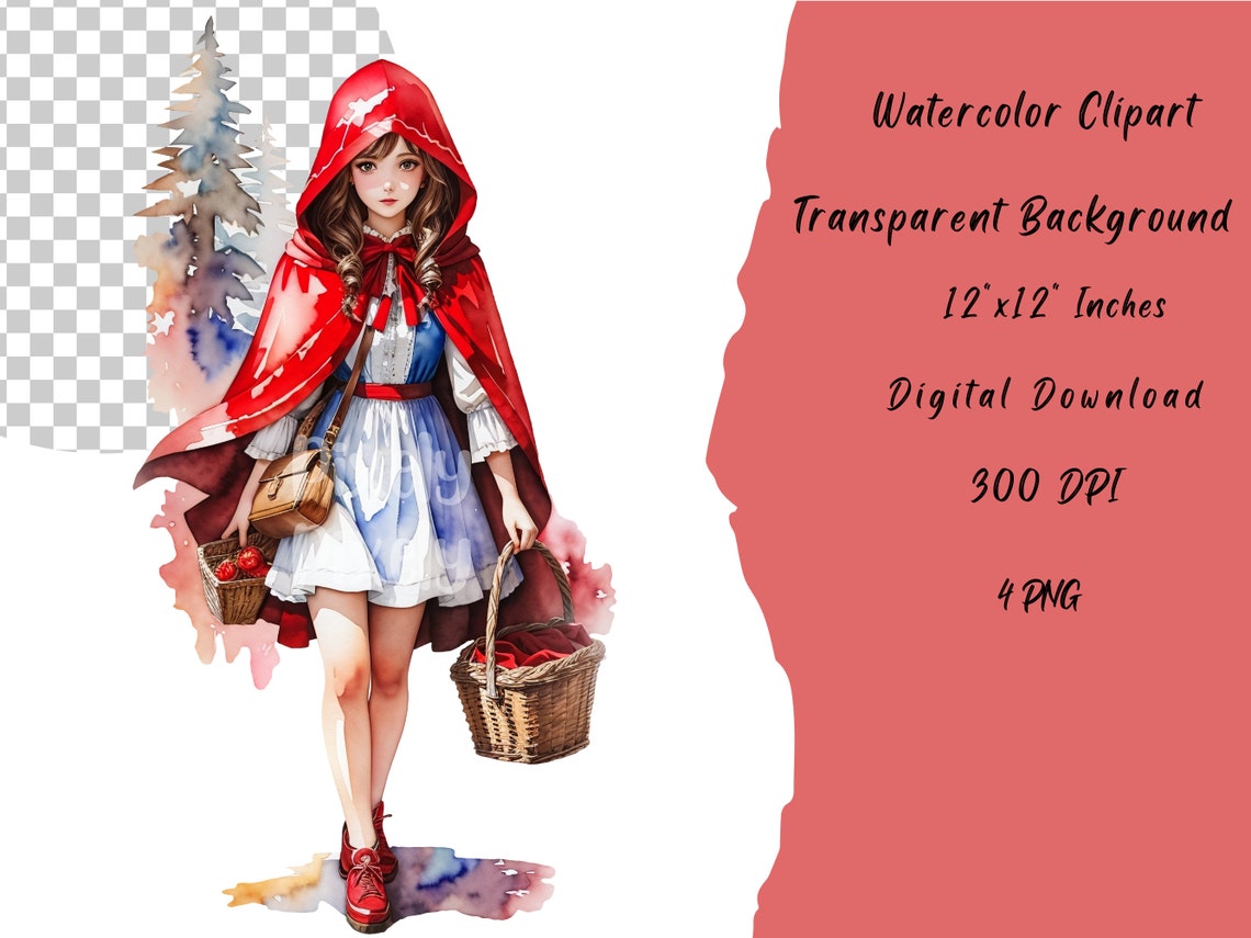 Little Red Riding Hood Watercolor Clipart, PNG, High Resolution ...
