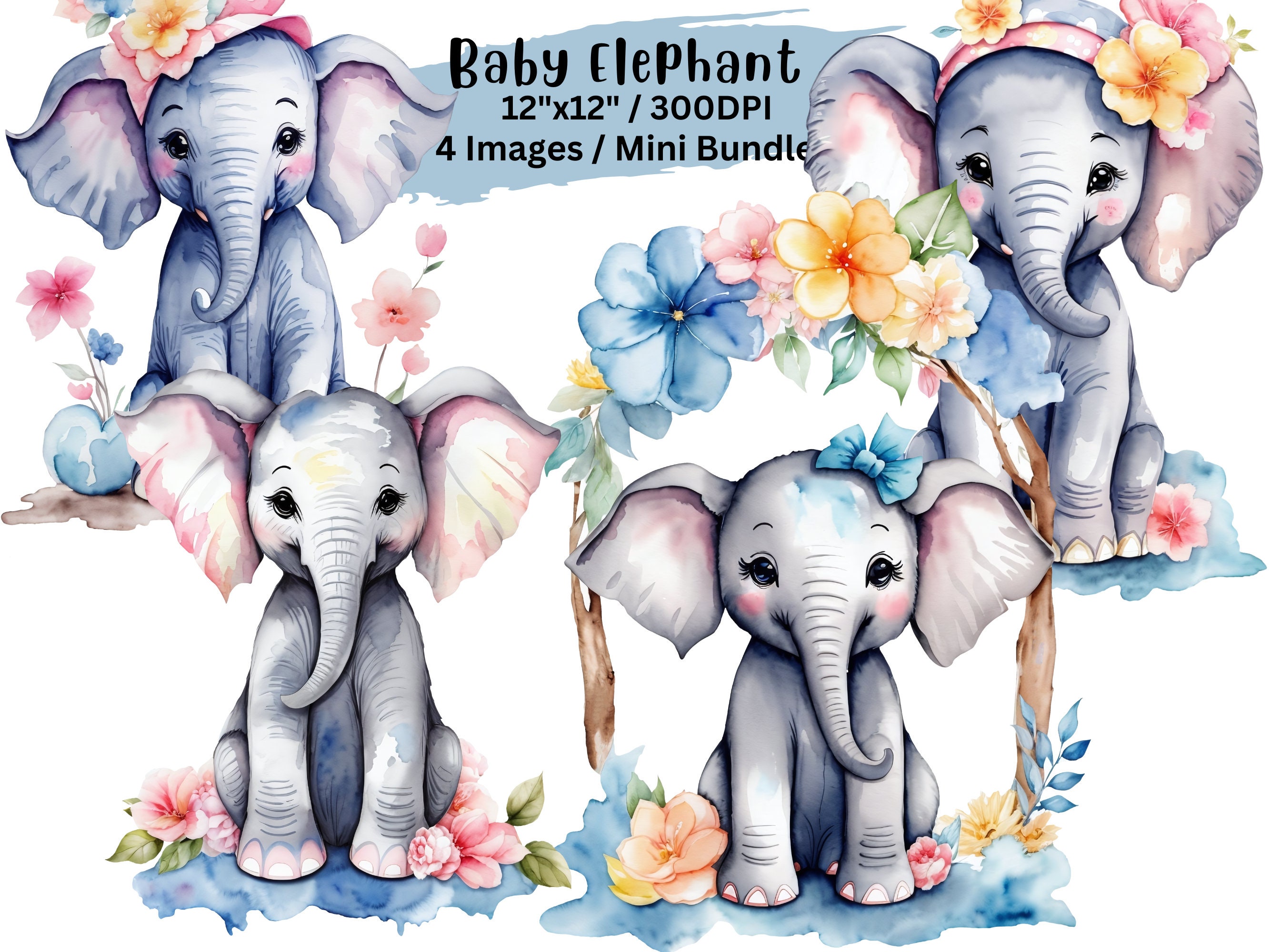 Baby Elephant Watercolor Clipart, Mini Watercolor Clipart Set, Safari ...
