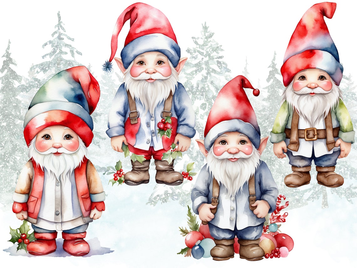 Christmas Gnome Watercolor Clipart, Full Watercolor Clipart Set, Hand ...