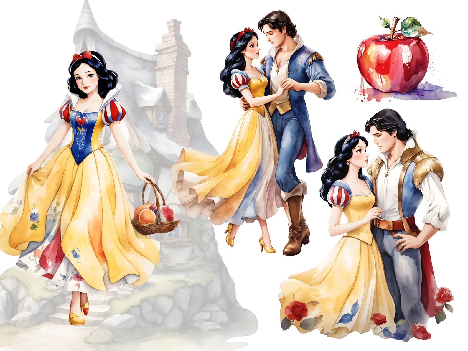 Snow White, Full Set Watercolor Clipart, Fantasy PNG, Storybook ...