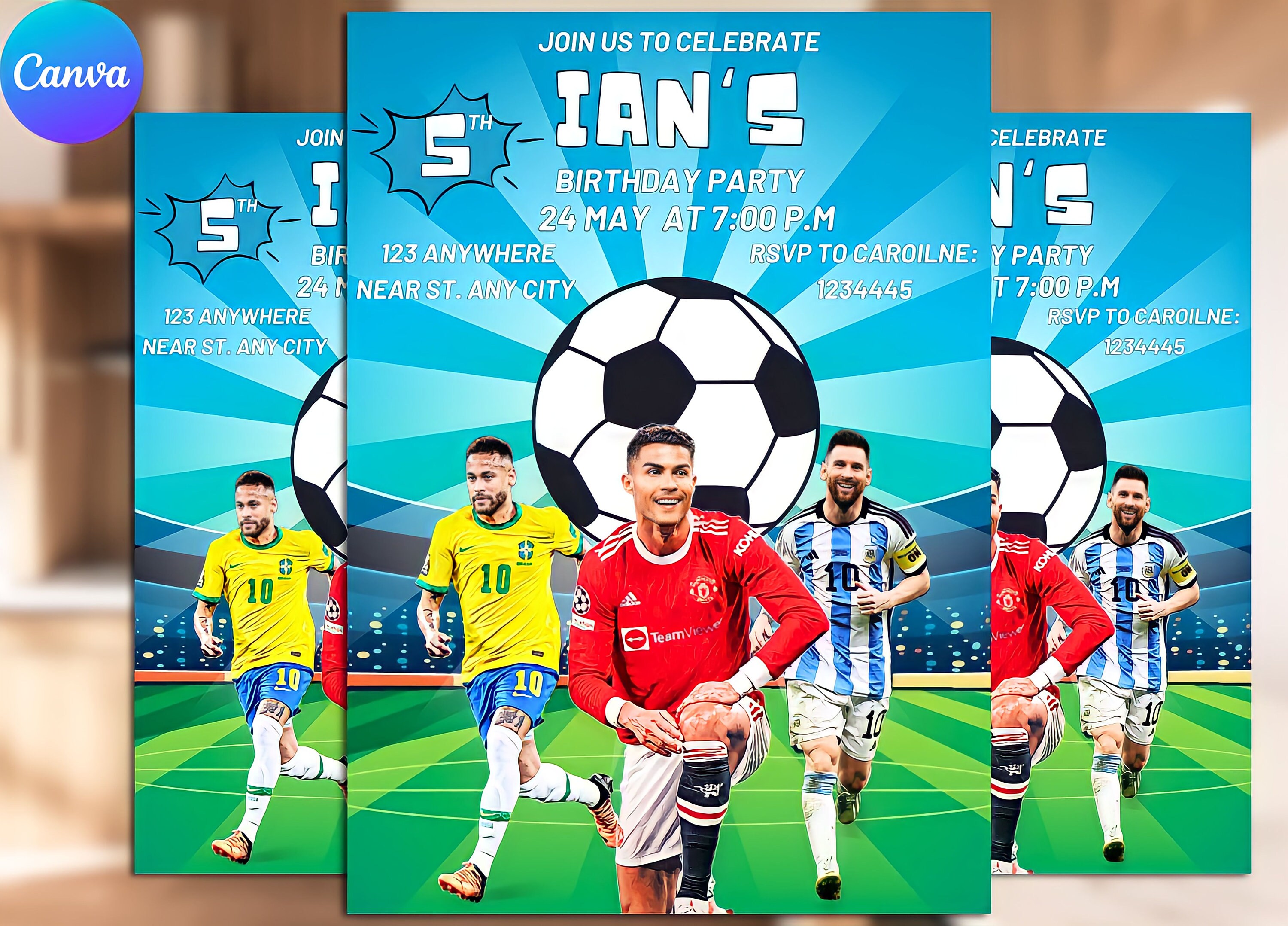 Ronaldo Birthday Invitation, Messi Birthday Invitation, Football Stars ...