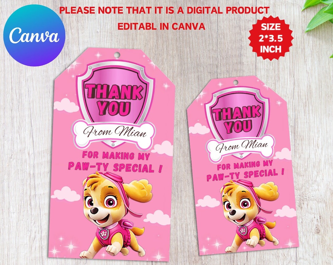 Skye Paw Thank You, Pink Paw Party Favors Tags,skye Paw Thank You Tag ...