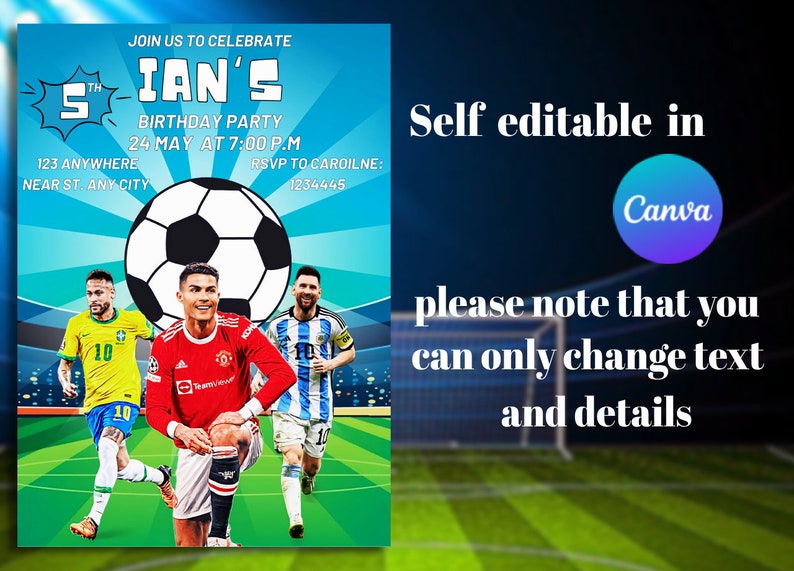 Ronaldo Birthday Invitation, Messi Birthday Invitation, Football Stars ...