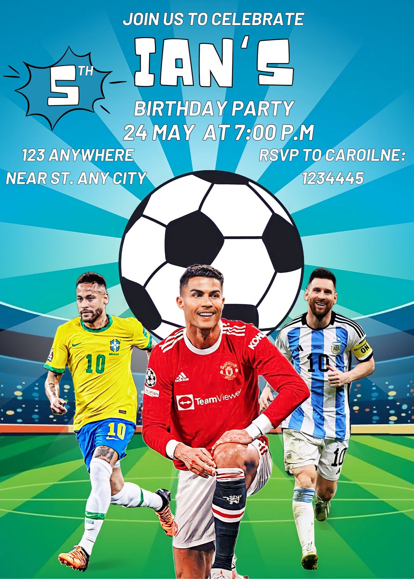 Ronaldo Birthday Invitation, Messi Birthday Invitation, Football Stars ...