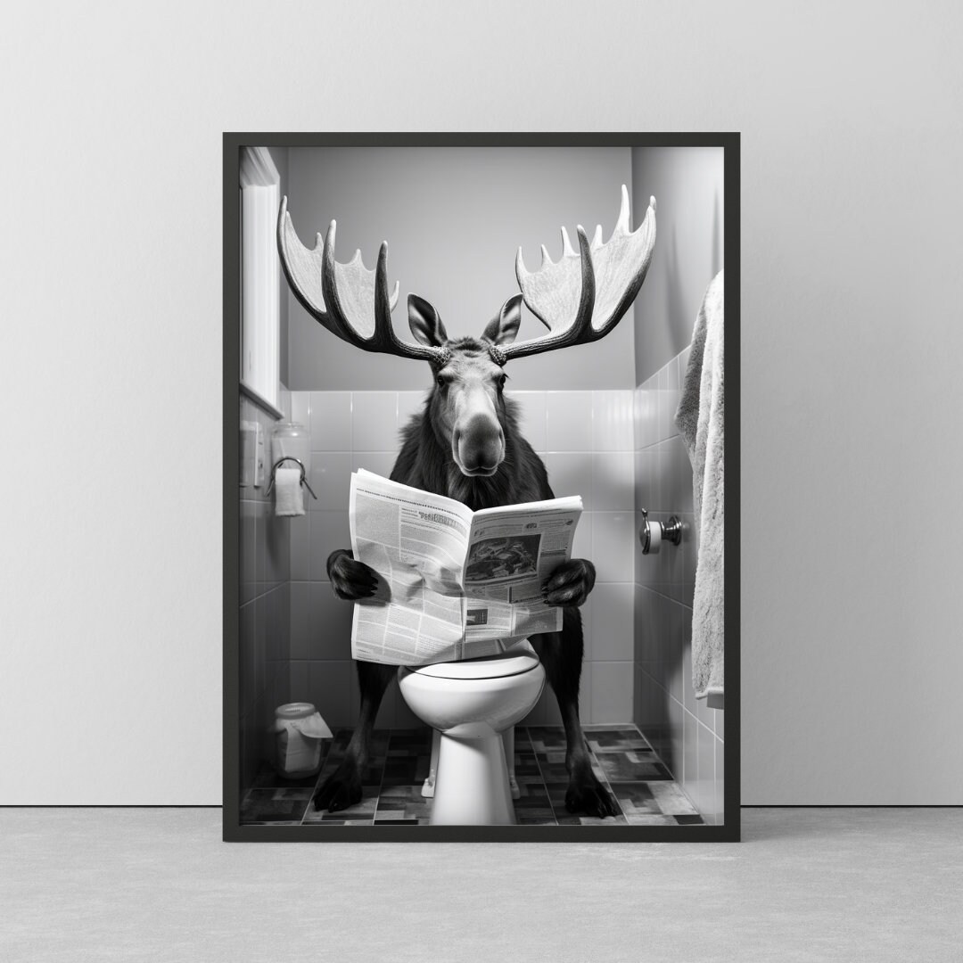 Moose on Toilet | Funny Poster for Bathroom | Moose Wallart Black/white ...
