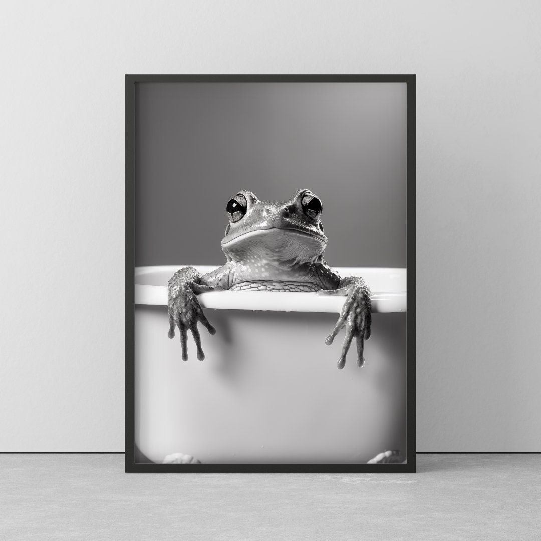 Frog in Bathtub Funny Poster for Bathroom Frog Wallart Black/white ...
